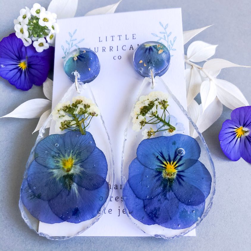 Resin Statement earrings - Viola & Alyssum Teardrop Garden | Little ...